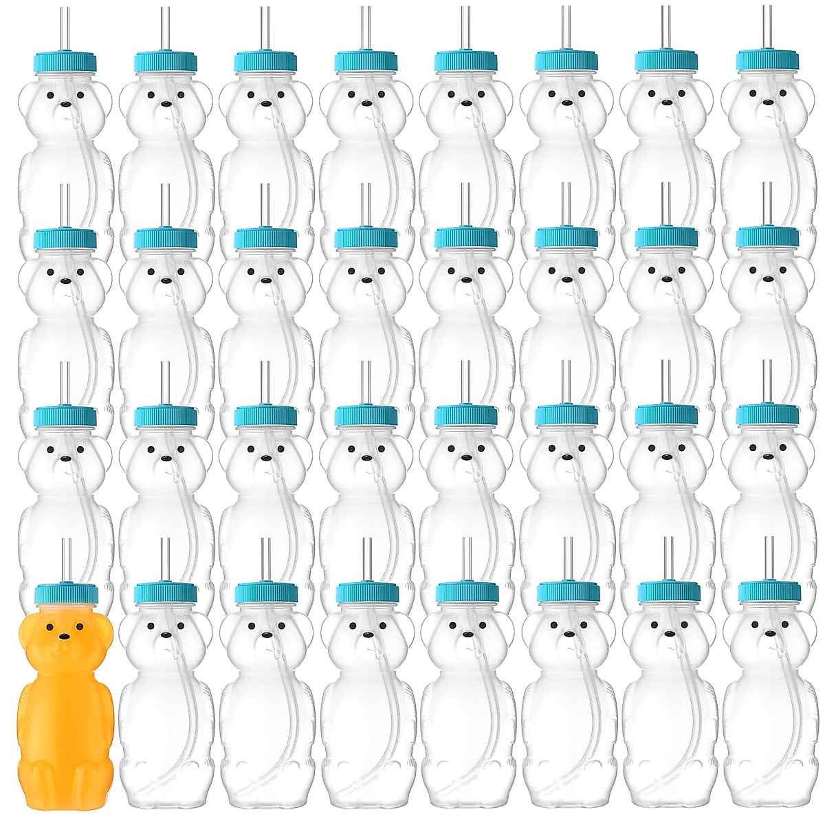 Uiifan 32 Pcs Honey Bear Straw Cup 8 oz Straw Cups Bottles Juice Bear Cup Bear Bottle Bear Sippy Cup with Straw Flexible Toddler Cups for Infant Feeding and Drinking Training (Blue)