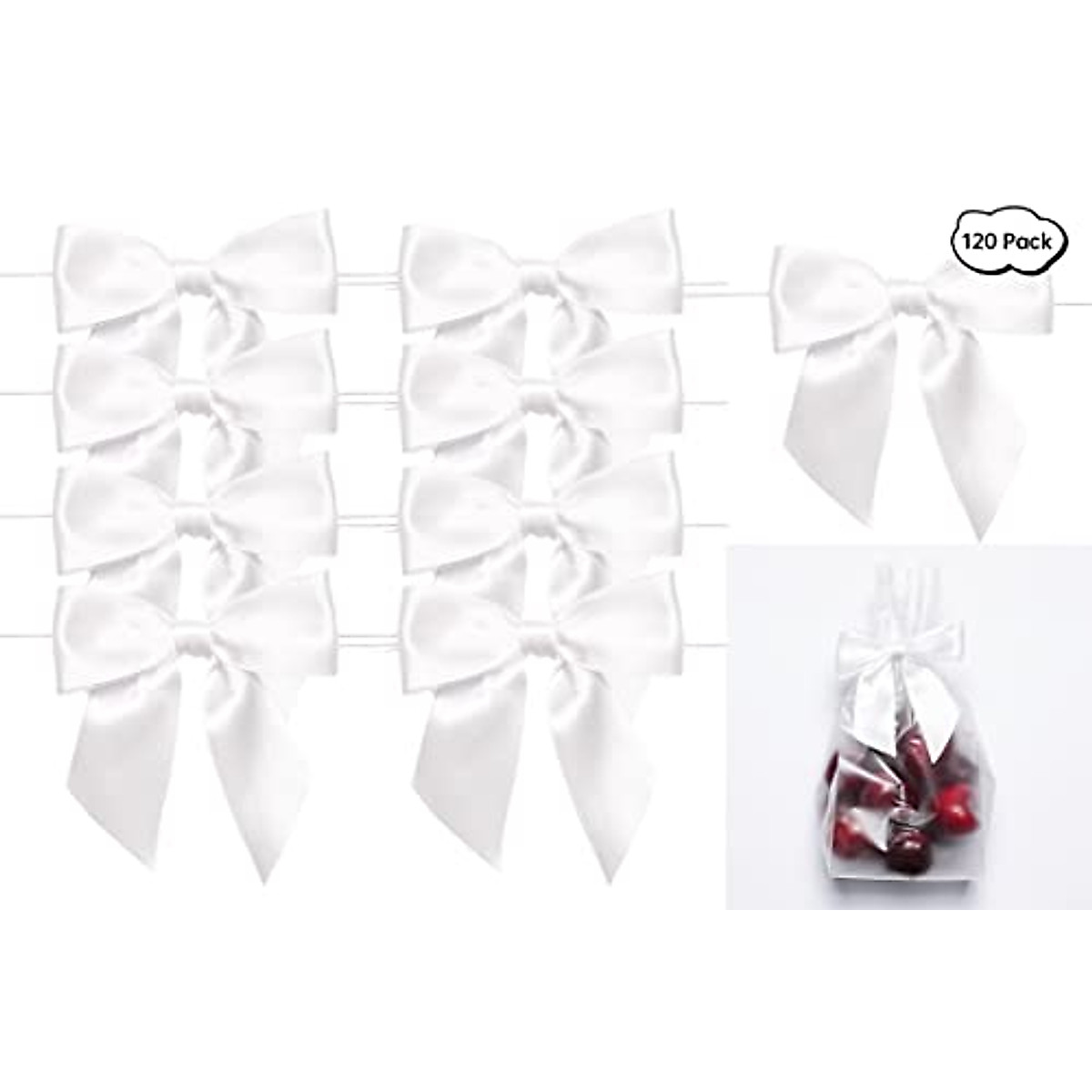 Rainbow Pana 120 Pack Twist Tie Bows for Treat Bags 2.5" White Satin Ribbon Bows for Package Craft Gift Wrapping Decoration