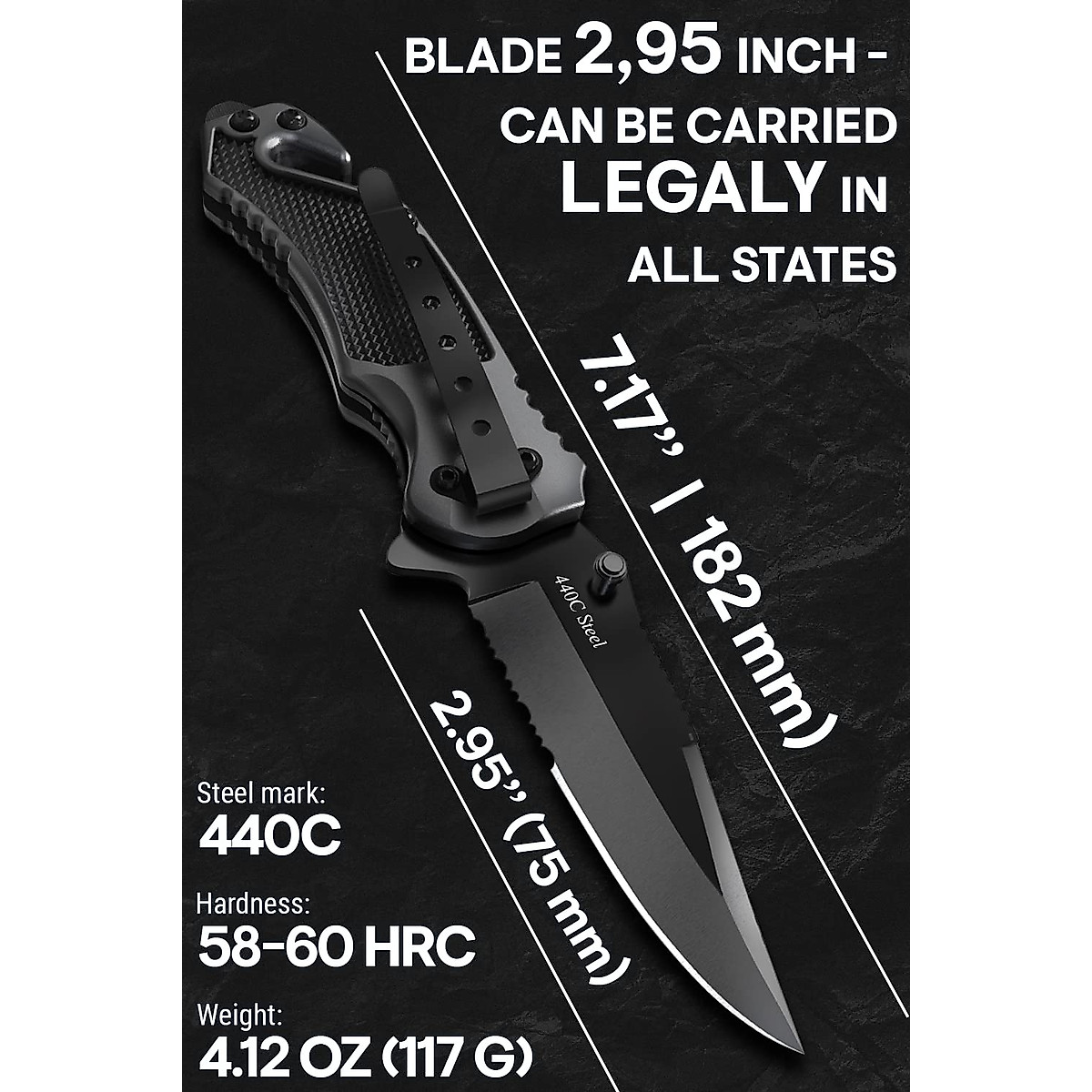Bundle of 2 Items - 2,95” Serrated Blade Pocket Knife - Black Folding Knife with Glass Breaker and Seatbelt Cutter - Small EDC Knife - Dull Not-Sharp Blade - Skeleton Dull Trick Butterfly Knifes