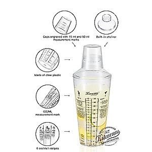 KITESSENSU Cocktail Recipe Shaker - Martini Recipes Measured Plastic Cobbler Shaker with Cap and Built In Strainer - Best Gift for Beginner