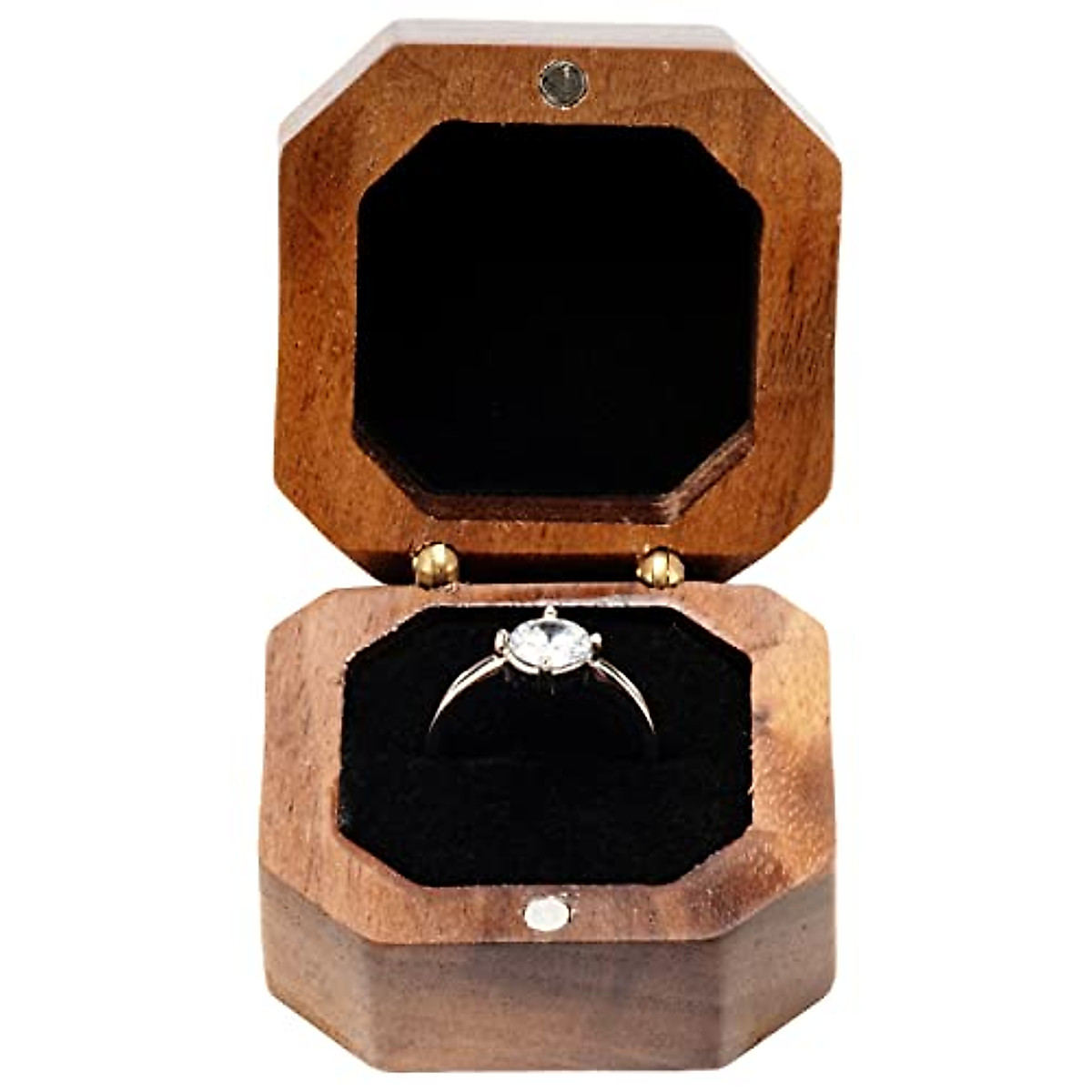 COSISO Portable Wood Ring Gift Box Case for Proposal Engagement Jewelry Display,Small Slim Wooden Ring Holder (Black Inner)