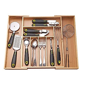 YCOCO Expandable Bamboo Kitchen Drawer Organizer,Utensil Drawer Organizer,Large silverware organizer,Drawer Dividers for flatware,Fit Kitchen Utensil and Cutlery,7-9 Slot