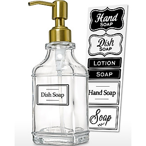 JASAI Antique Square Glass Soap Dispenser with Golden Rust Proof Pump, Refillable Soap Dispenser with 10Pcs Stickers for Kitchen, Dish Soap Dispenser for Kitchen Bathroom Soap, Hand soap, Lotion.