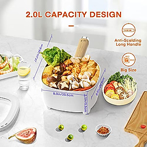 Audecook Hot Pot Electric 2L, Cermic Glaze Non-Stick Frying Pan 8 Inch, Portable Travel Cooker for Ramen/Steak/Fried Rice/Oatmeal/Soup, with Dual Power Control (Silicone Spatula Included)