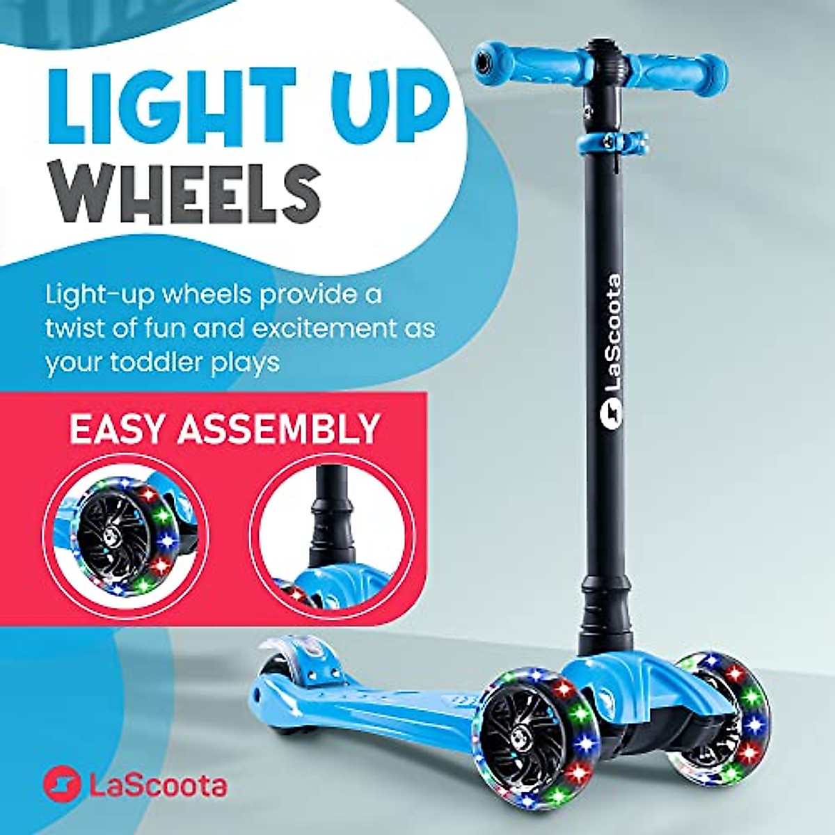 LaScoota 2-in-1 Kids Kick Scooter, Adjustable Height Handlebars and Removable Seat, 3 LED Lighted Wheels and Anti-Slip Deck, for Boys & Girls Aged 3-12 and up to 100 Lbs.