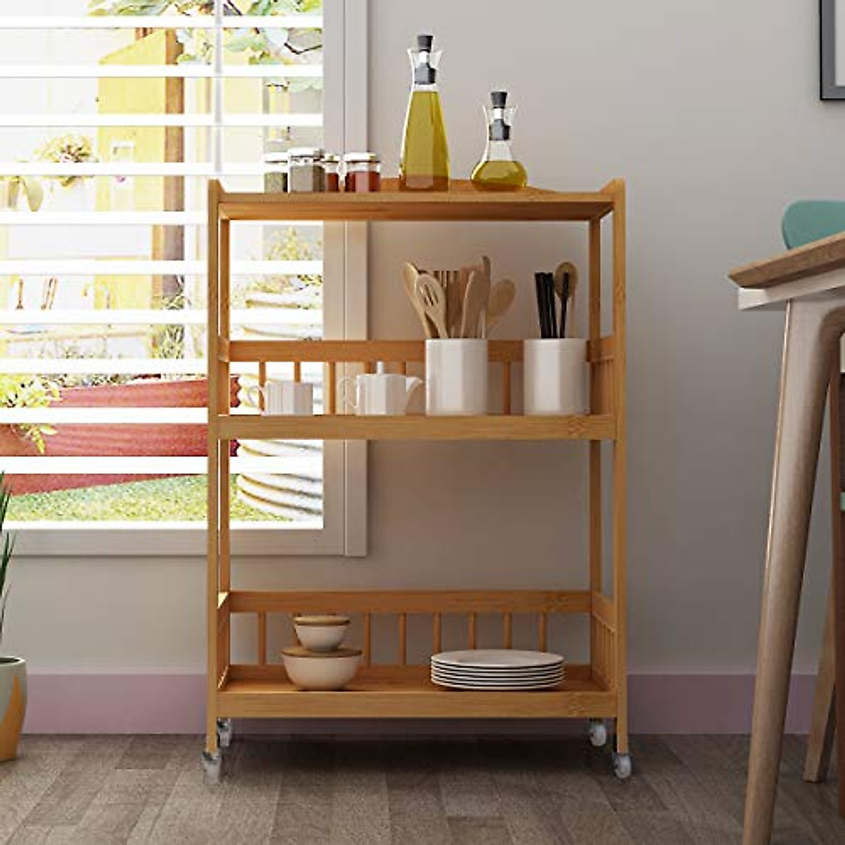 DlandHome 3-Tier Storage Shelf Unit On Wheels, Bamboo Storage Utility Cart for Kitchen/Warehouse, ZC-05 1 Pack