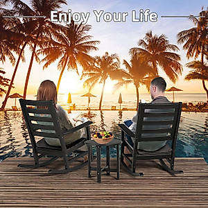 HOPUBUY Patio Rocking Chair Outdoor with Cushion, HDPE Patio Rocking Chair, All Weather Resistant Rocker Chair for Porch Garden Yard Living Room, Black with Table