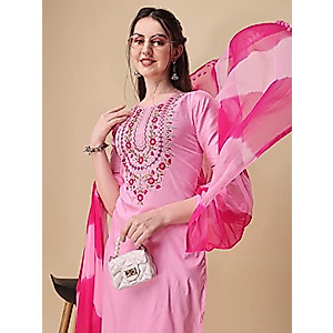 FamLady Embroidered Kurti Set with Pant and Dupatta Indian Art Silk Kurtis for Women (as1, alpha, m, regular, regular, Pink)
