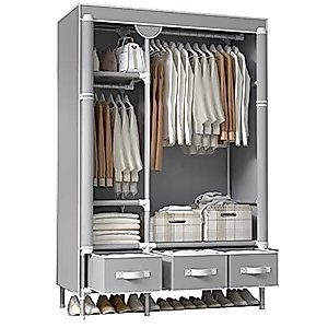 ASSICA Portable Wardrobe Durable Clothes Closet Non-Woven Fabric Storage Organizer with Three Drawer Boxes and Hanging Rack- Easy to install, Not for outside use, 44.5" x 18.0" x67.0" (Gray)