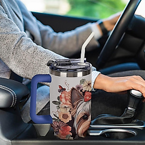 WYUSPGK 40oz Stainless Steel Car Mug, Yorkie Floral Print Travel Mug, Double-Wall Insulated with Straw, Perfect for Car, Office, Outdoor