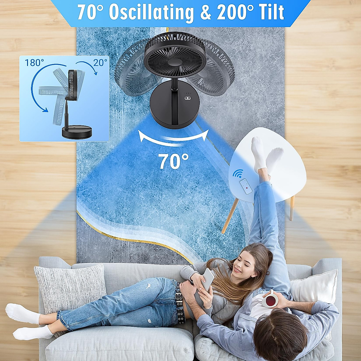 LIPETY Portable Foldable Rechargeable Oscillating Fan - 9" 7200mah Battery Operated USB C Small Fan Remote, Quiet Table Desk Fan Folding Standing Pedestal Fan for Bedroom Rome Office Camping Travel