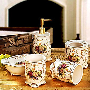 Vintage Ceramic Bathroom Accessories Sets,Bathroom Vanity Decor Simple Painted Yellow Red Peony White 5 Piece Contain Soap Dispenser,2 Pcs Tumbler,Toothbrush Holder,Soap Dish For Home Hotel Toilet