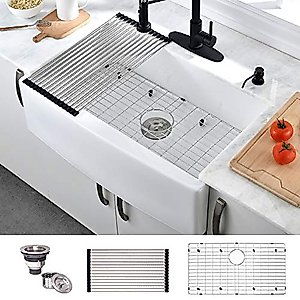 33 Inch White Farmhouse Sink-Hovheir 33x21 Fireclay Farmhouse Kitchen Sink Handcrafted Apron Front Farmhouse Sink Single Bowl Farm Sink White Farmers Sink Extra Deep Wide Curved Front Rustic Sink