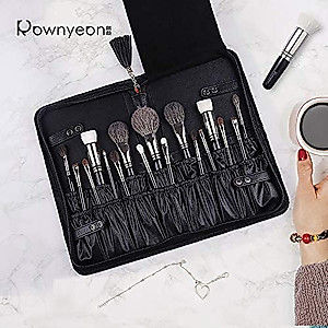 Rownyeon Professional Makeup Brushes Organizer Bag Makeup Artist Cosmetic Case Leather Handbag Black Travel Portable(Only Bag)