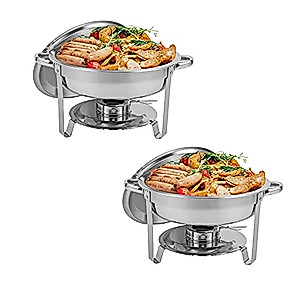 Restlrious 2 Packs Round Chafing Dishes Stainless Steel Chafers and Buffet Warmers Sets w/Water Pan, Food Pan, Fuel Holder and Lid 5 QT