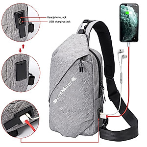 LITEMOUNT Lightweight Outdoor Crossbody Sling Backpack, Shoulder Sling Bag, Chest Backpack with USB Charging & Audio Ports (Grey)