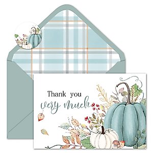 Whaline 24 Pack Fall Thank You Cards Bulk Blue Pumpkin Greeting Cards with Envelope Sticker Blank Note Cards for Autumn Birthday Baby Shower Party Supplies, 4 x 6 Inch