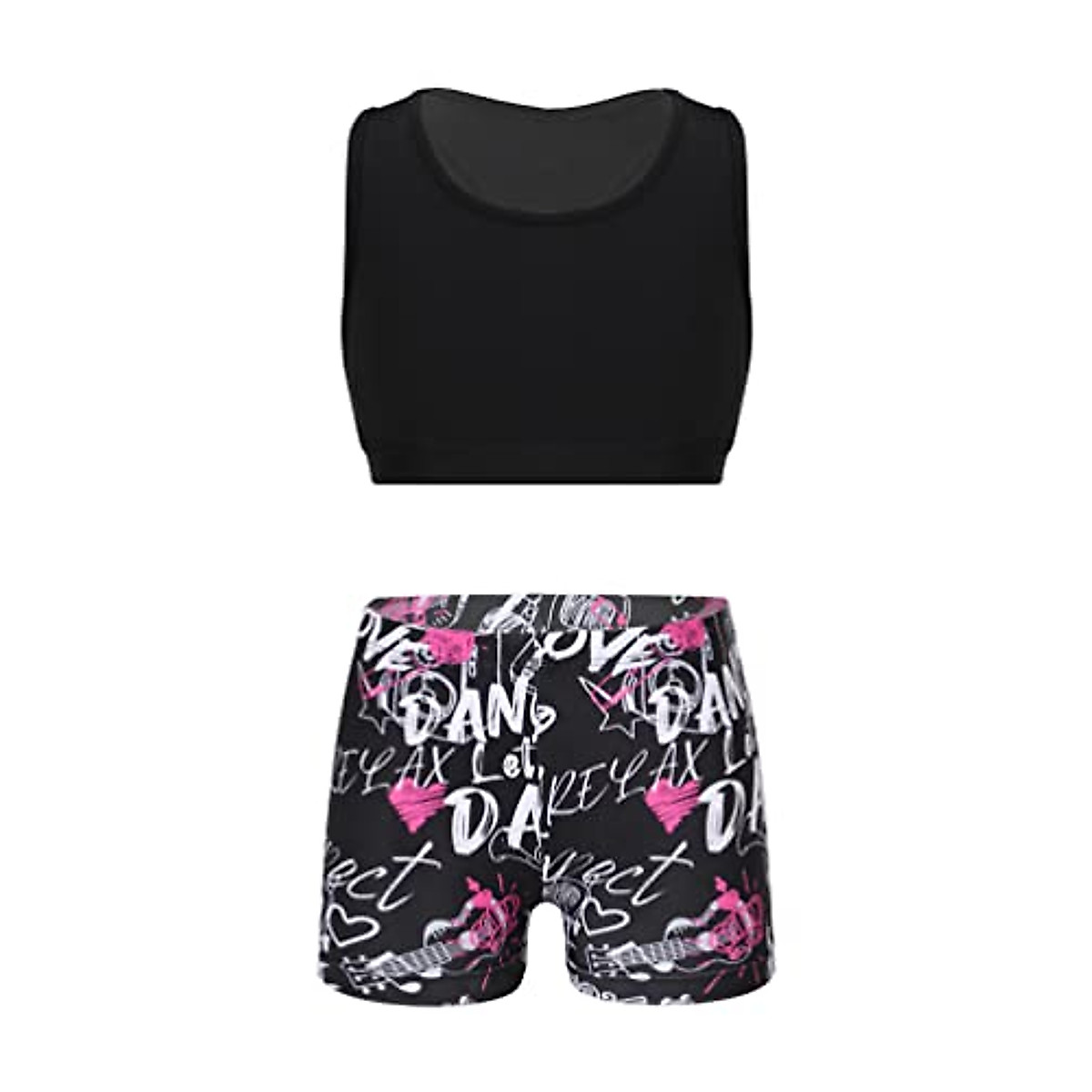 YONGHS Kids Girls Sports Tankini Outfit Crop Top with Booty Shorts Gymnastic Suit Swimsuit Swimwear Rock Music Rose 5-6 Years