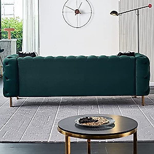 CALABASH Green Velvet Couch, Chesterfield Sofa 84 Inch Living Room Mid-Century Modern Tufted Velvet Gold Metal Legs and 2 Throw Pillows (Green)