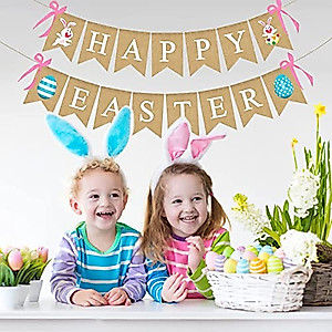 Happy Easter Banner, Easter Decorations Burlap Easter Garland with Bunny Sign for Spring Themed Party Favors Supplies, No DIY Required