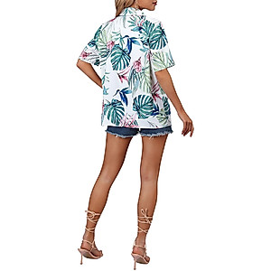 ASTANFY Hawaiian Shirt Women Hawaii T-Shirt Tropical Floral Printed V Neck Shirts Soft Cool Summer Beach Button Up Blouse Green