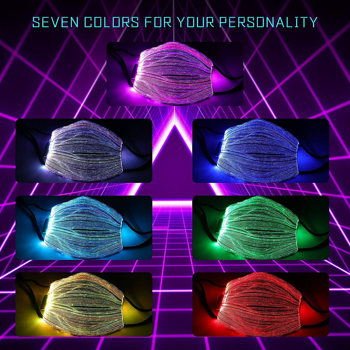 MJ LED Light up Face Mask 7 Color Lights USB Rechargeable Glowing Luminous Mask for Party Festival Dancing Rave Masquerade(White)