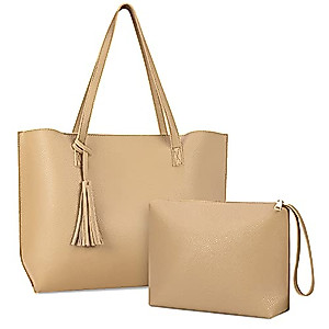 Tote Bag for Women Leather Purses and Handbags Tassel Shoulder Bag Purse Set 2pcs Apricot