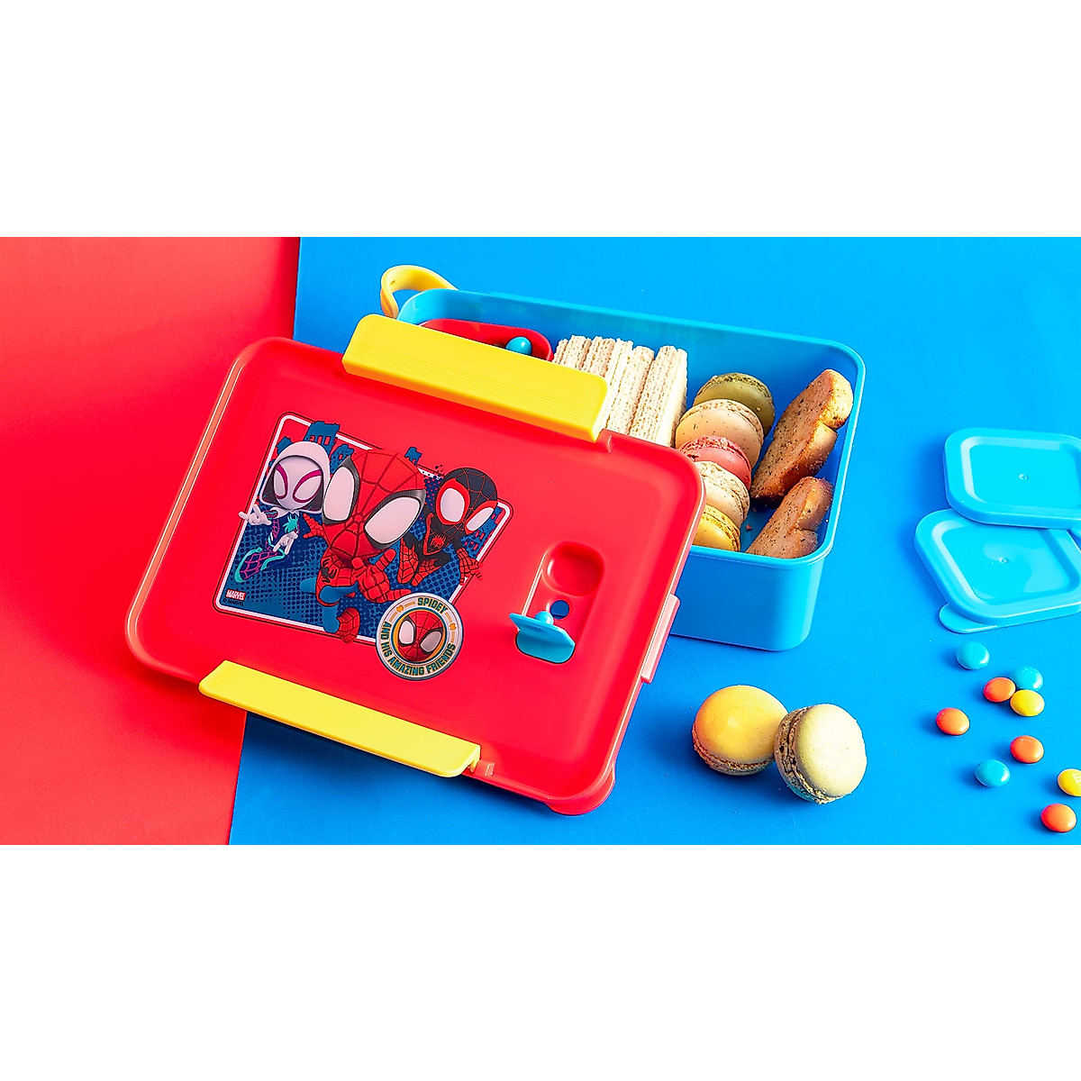 Zak Designs Spidey And His Amazing Friends Reusable Plastic Bento Box with Leak-Proof Seal, Carrying Handle, Microwave Steam Vent, and Individual Containers for Kids' Packed Lunch