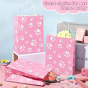 Blulu Gift Bags, 20 Pcs Paw Print Paper Bags with Twist Handles, Dog Themed Goodie Bags for Pet Party Favor, 6.3 x 3.1 x 8.6 Inch (Pink Backing)