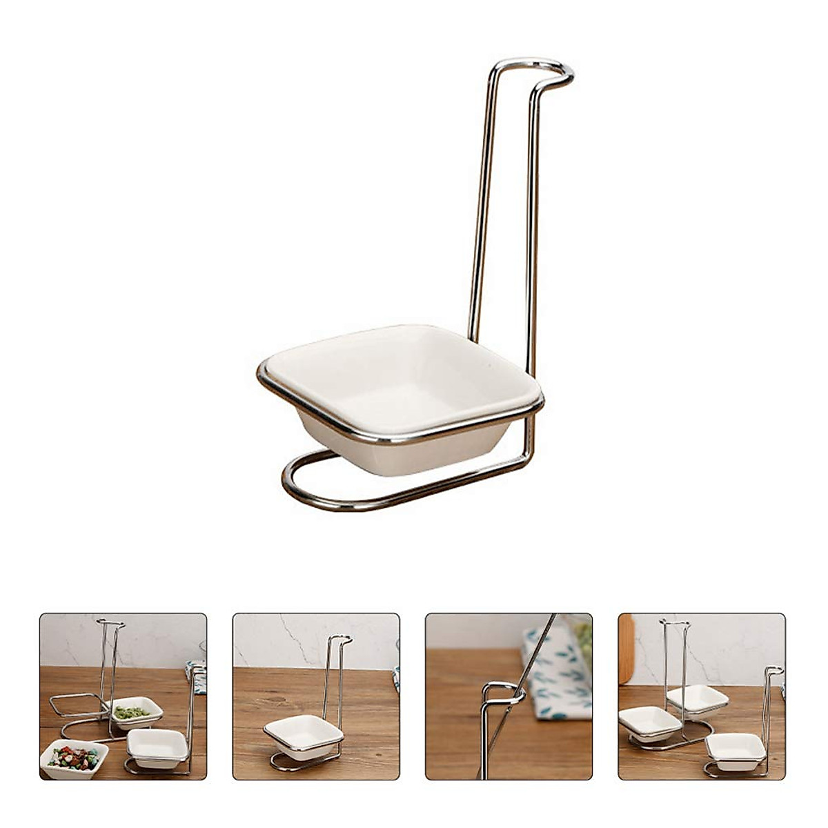 DOITOOL White Ceramic Double Ladle Spoon Rest Holder with Stainless Steel Rack Upright Utensil Holder for Stovetop Kitchen Counter Organization