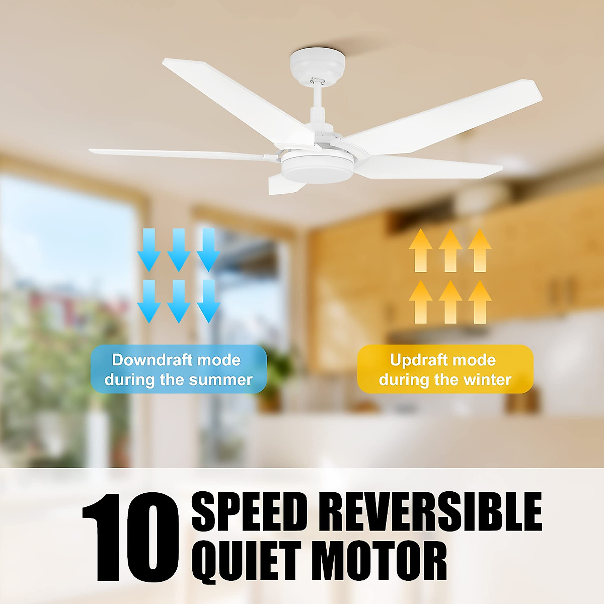 SMAAIR 52 inch Smart Ceiling Fan with Light, 5 Blades Low Profile Ceiling Fan with 10 speed DC Motor and Dimmable LED Light, works with APP/Alexa/Google Assistant/Siri Shortcuts (White)