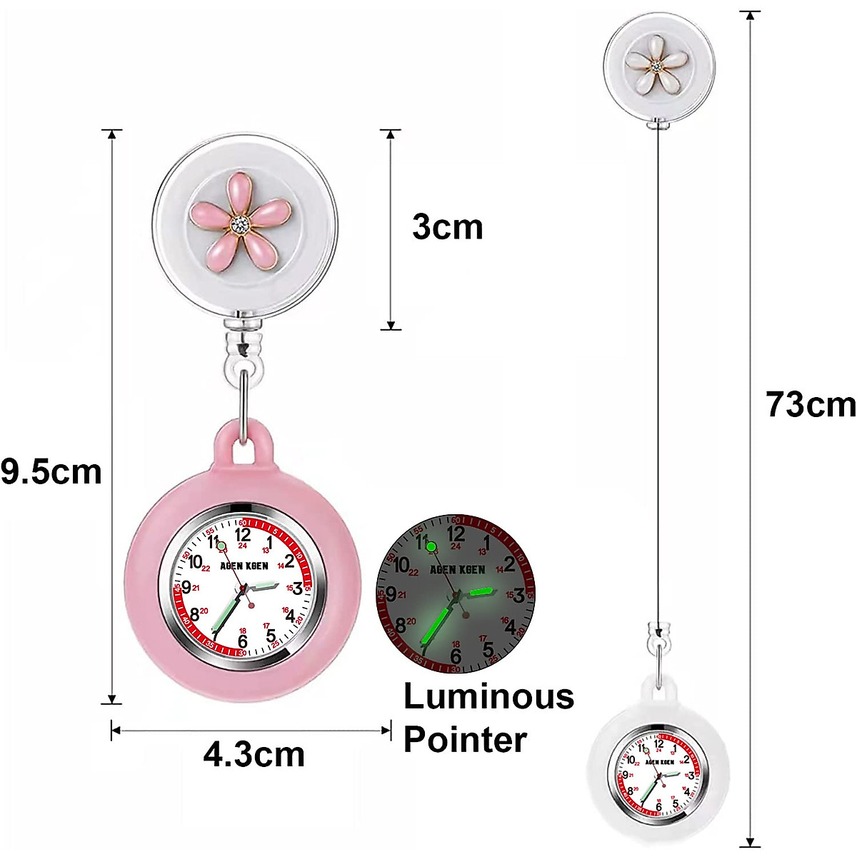 AGEN KGEN 3X Retractable Nurse Watch for Nurses Doctors, Clip-on Hanging Lapel Nurse Watch Silicone Cover Brooch Fob Pocket Watch Badge Reel (Pink)