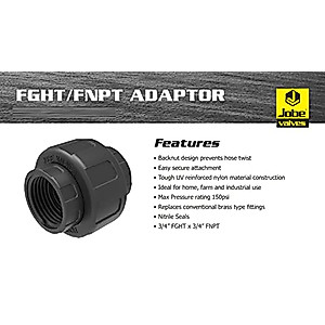 Jobe Valves J-ADF100 Garden Hose Adaptor, 3/4" GHT x 3/4" NPT with Swivel, 150PSI, Black UV Reinforced Nylon Material with Nitrile Seals