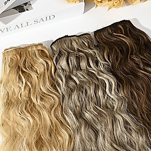 YOGFIT Clip in Long Wavy Synthetic Hair Extension 24 Inch 6PCS Balayage Blonde with Light Blonde Tips Thick Hairpieces Natural Soft Synthetic Fiber Double Weft for Women