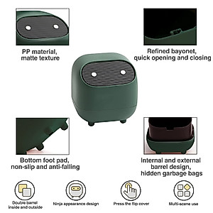 ENNTJOOY Cute Mini Ninja Desktop Trash Can Double Press Trash Can with Lid Suitable for Bathroom Vanity, Desktop, Office or Coffee Table, Green