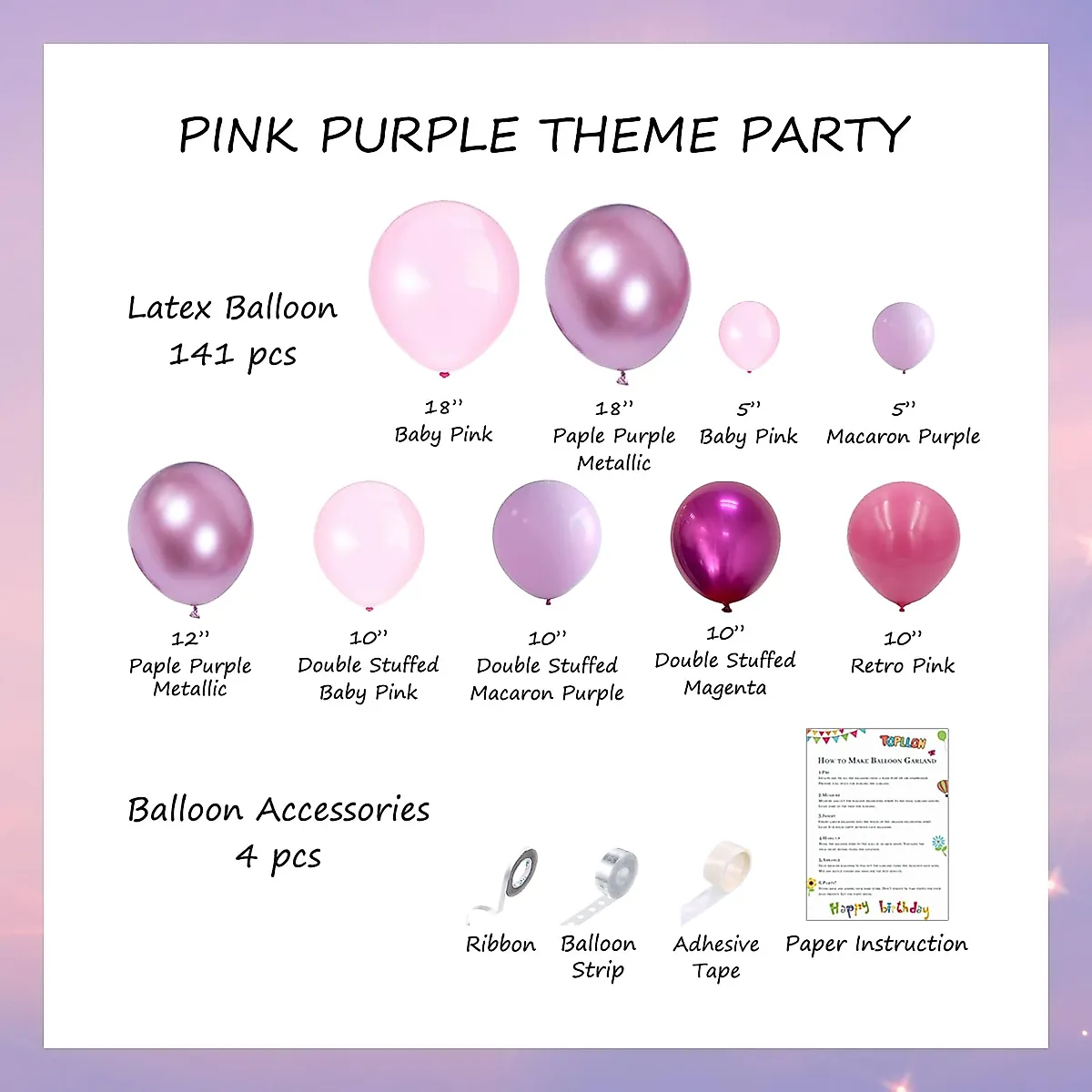 TOPLLON Pink Balloon Garland Arch Kit 135 Pcs, Double Stuffed Baby Shower Decorations for Girl with Macaron Purple Dusty Pink Balloons for Birthday Party Decorations