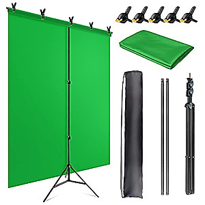 JEBUTU 5X6.5ft Green Screen Backdrop with Stand Kit, Green Screen with T-Shape Background Support Stand, Portable Green Screen Stand Kit with Carrying Bag & 5 Spring Clamps for Zoom, Video, Streaming
