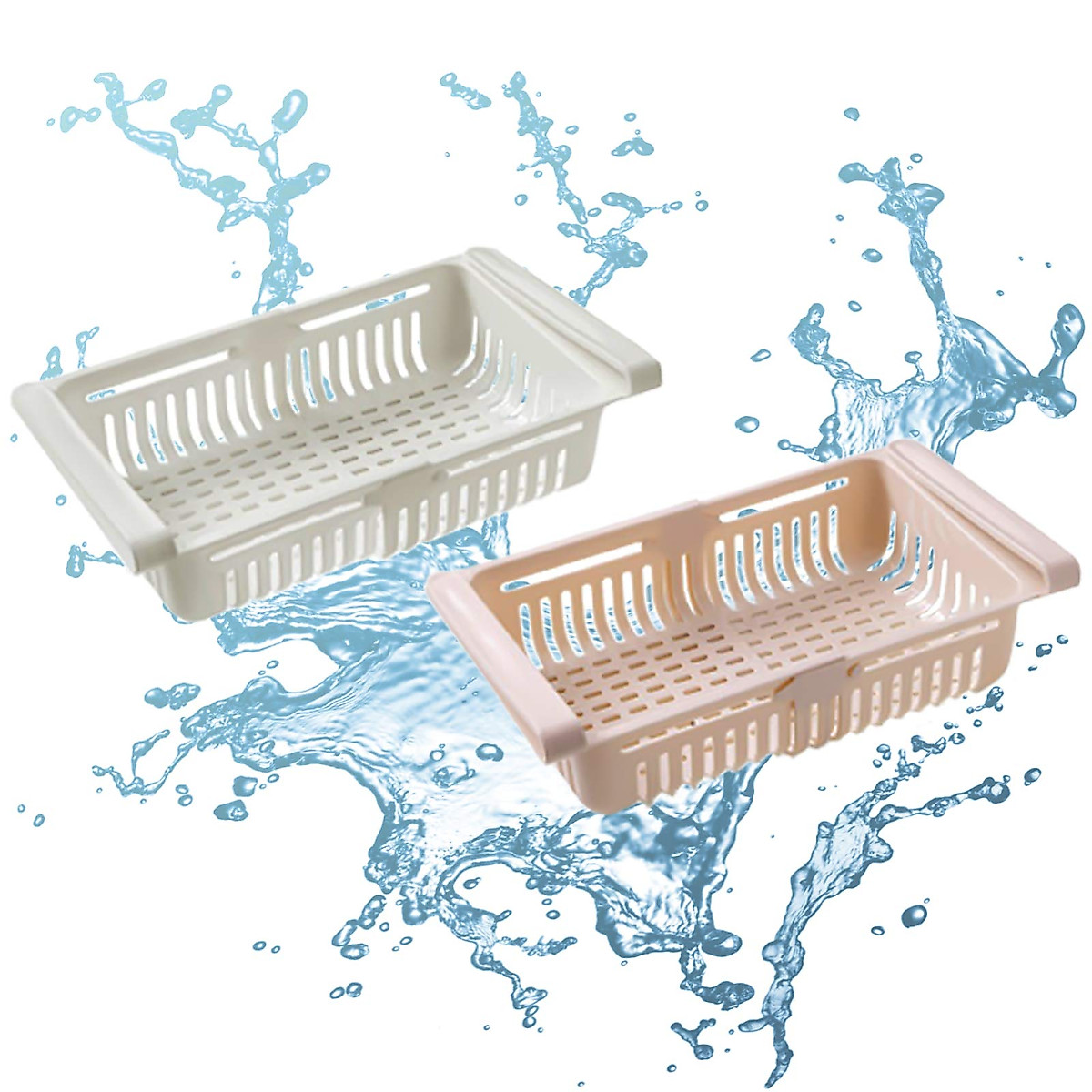 2Pcs Fridge Drawer Organizer, Retractable Drawer Refrigerator Storage Box, Upgraded Pull Out Bins, Classifiable Fridge Shelf Holder Storage Box - Fit for Fridge Shelf Under 0.5 inch (White+Beige)