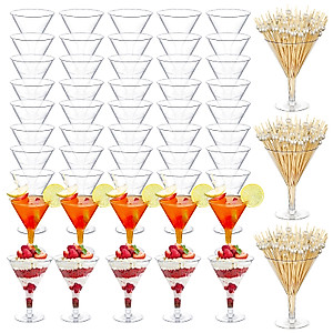 KesaPlan 50 Pack Plastic Martini Glasses Disposable Cocktail Glasses 6.5 oz Martini Plastic Cocktail Glasses with Cocktail sticks, Ice Cream Dessert Cups for Outdoor Bar, Parties, Weddings, Home Party