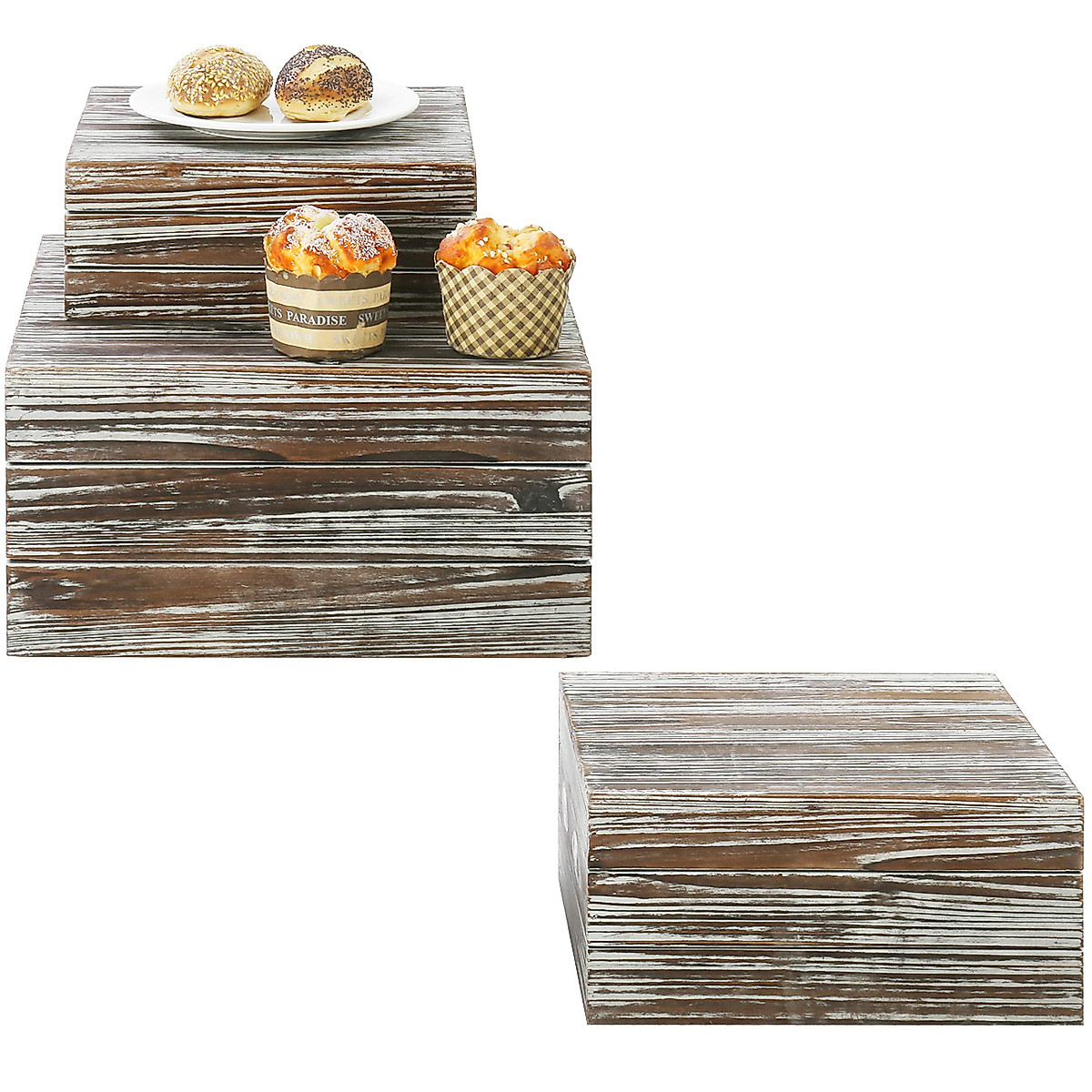 MyGift 3 Piece Rustic Solid Torched Wood Dessert Cake and Cupcake Stand, Decorative Box Display Risers