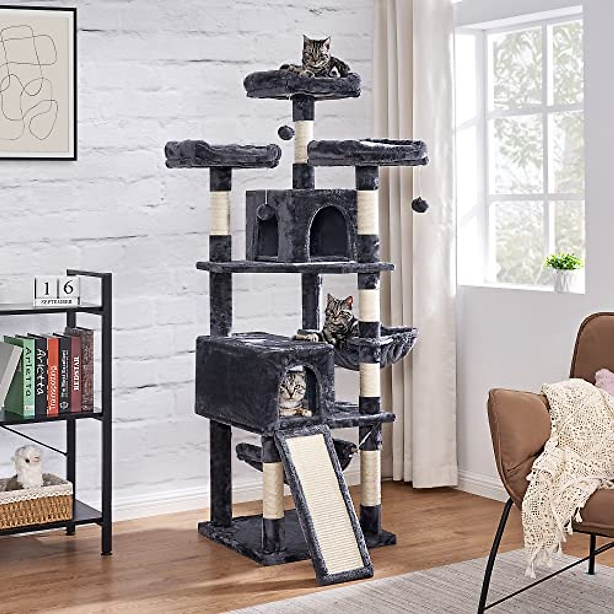 BEWISHOME 64.5inches Cat Tree for Indoor Cats Multi-Level Cat Tower with Scratching Posts, Board, Cozy Plush Perches Cat Condo for Large Cat Play House MMJ20H