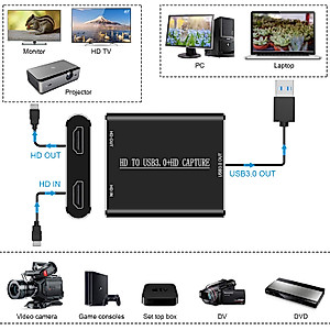 HDMI Video Capture Card,HDMI to USB 3.0 Device,Full HD 1080P 60fps Live Game Capture Recording Box With HDMI Loop-out Support Windows 7/8/10 Linux Twitch for PS3/4 Switch Xbox Streaming and Recording