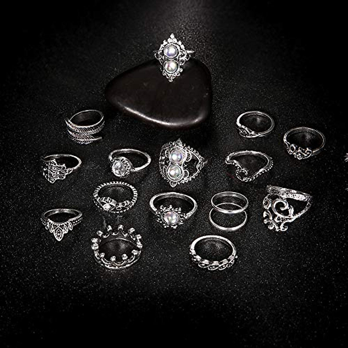 SEniutarm Engagement Love Rings Wedding Bands 16Pcs/Set Retro Boho Hamsa Hand Crown Finger Midi Knuckle Stacking Rings Jewelry for Women/Girl Finger Rings DIY Jewelry Gifts - Antique Silver