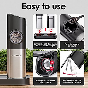 SIYOTEAM Electric Salt and Pepper Grinder Set, Automatic Gravity Salt and Pepper Grinder Set, Electric Pepper Mill Grinder Rechargeable with Charging Base, Adjustable Coarseness, Larger Capacity
