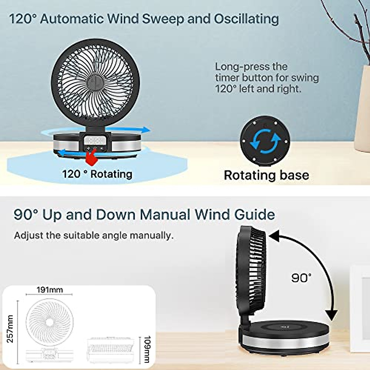 Jassco Air Circulator Fan, Desktop Fan, Portable Oscillating Table Fan for Whole Room, Wall-Mounted Fan, 4 Speeds, Personal Cooling Fan with LED Night Light for Home, Dorm, Workout