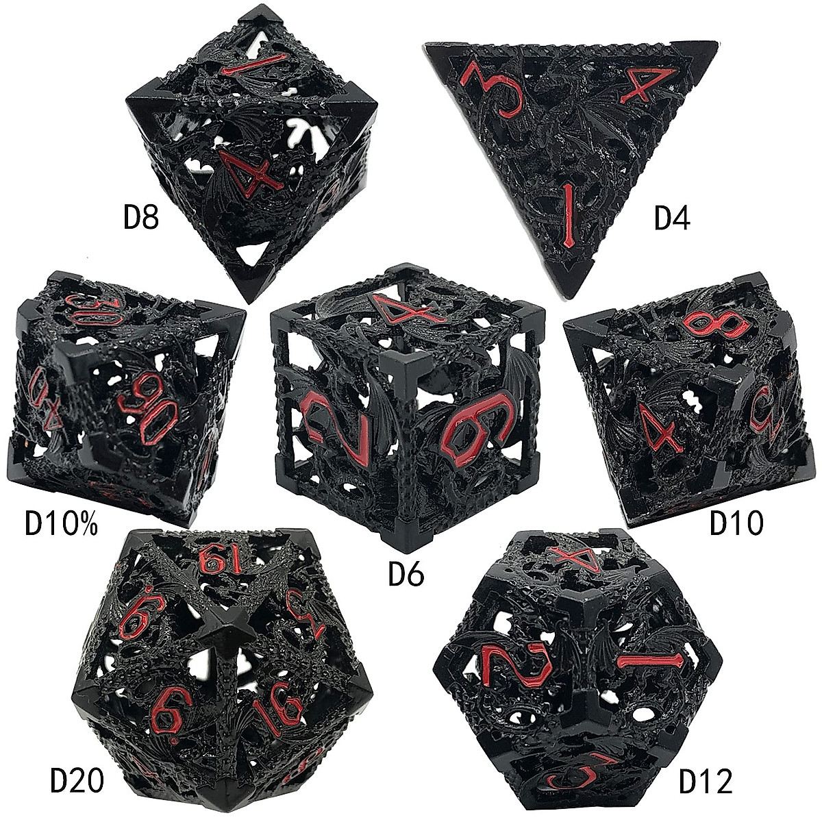 DND Metal Hollow Dragon Dice Set - D&D Black Red Polyhedral Dice (Free Metal Box) Suitable for Pathfinder RPG Board Game Dice (Black Red)
