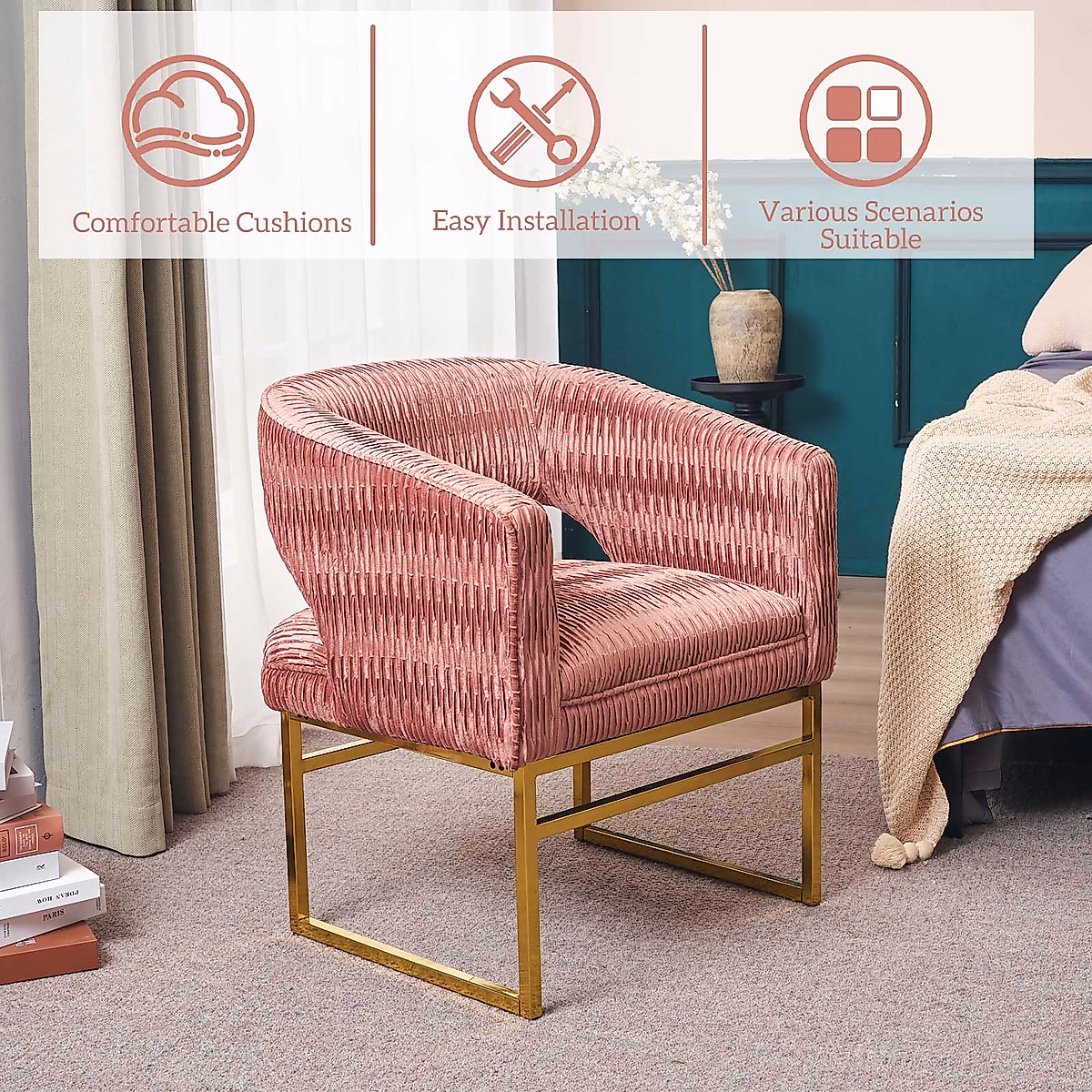 MOJAY Modern Accent Chair,Comfy Velvet Upholstered Hollow Backrest Barrel Chair Single Sofa Reading Chair with Golden Metal Base for Living Room Bedroom Vanity Room