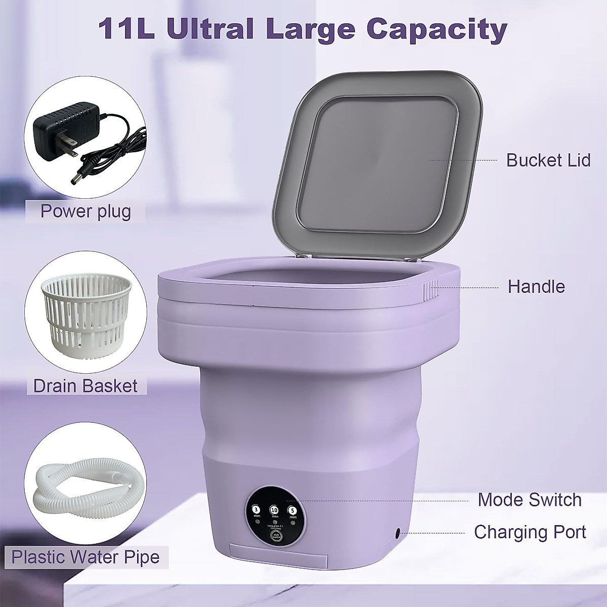 SEMONE Portable Washing Machine,11L Folding Mini Washer with 3 Modes Deep Cleaning of underwear, baby clothes, Foldable Washing Machine for apartments, dormitories, hotel, WSHG123