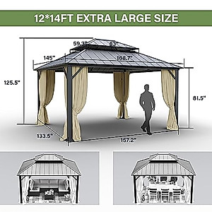 12' x 14' Hardtop Gazebo,Outdoor Galvanized Steel Metal Double Roof Gazebo with Curtains and Netting for Patios,Gardens,Lawns,Cream