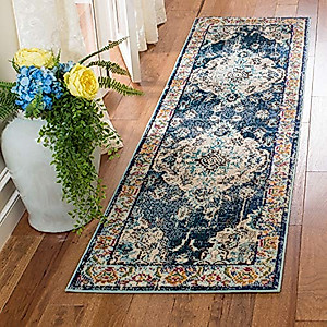 SAFAVIEH Monaco Collection Runner Rug - 2'2" x 12', Navy & Light Blue, Boho Chic Medallion Distressed Design, Non-Shedding & Easy Care, Ideal for High Traffic Areas in Living Room, Bedroom (MNC243N)